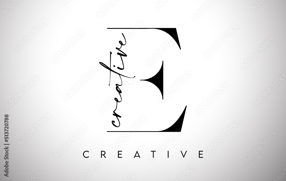 E Letter Design with Creative Cut and Serif Font in Black and White ...