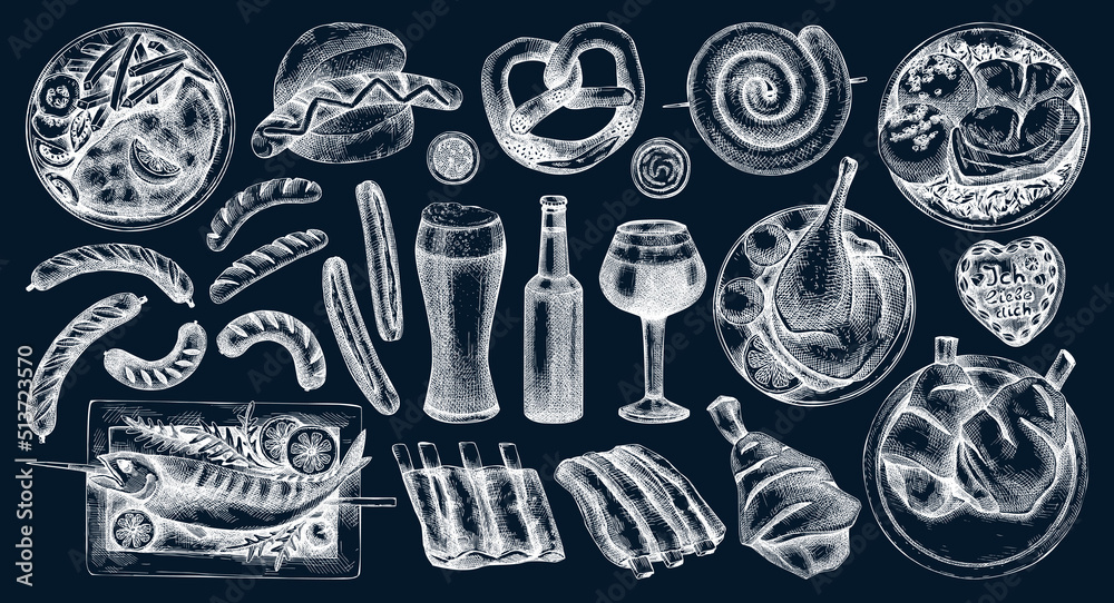 Traditional German food sketch collection on chalkboard. Oktoberfest ...