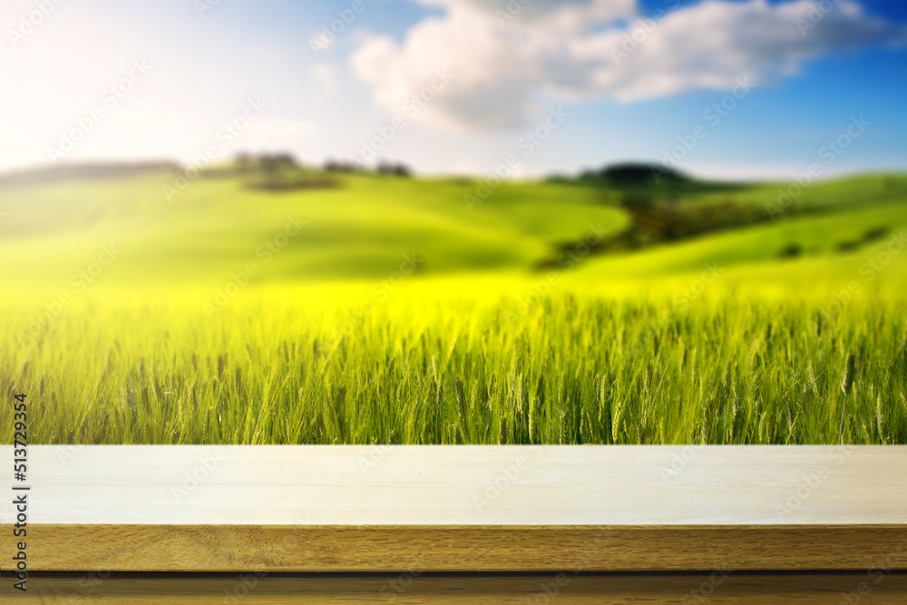 Art Empty wooden table on blurred green farm field background. Mockup ...