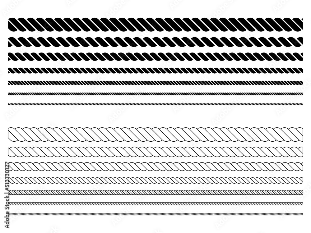 Rope symbol set. Different thickness line and silhouette ropes for ...