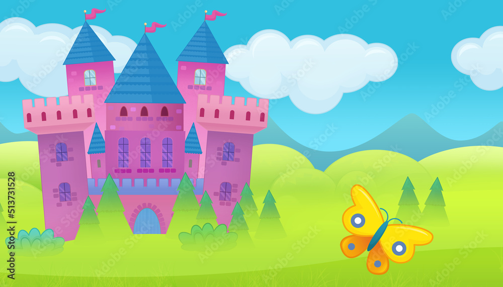 Cartoon scene beautiful castle in the forest illustration Stock ...
