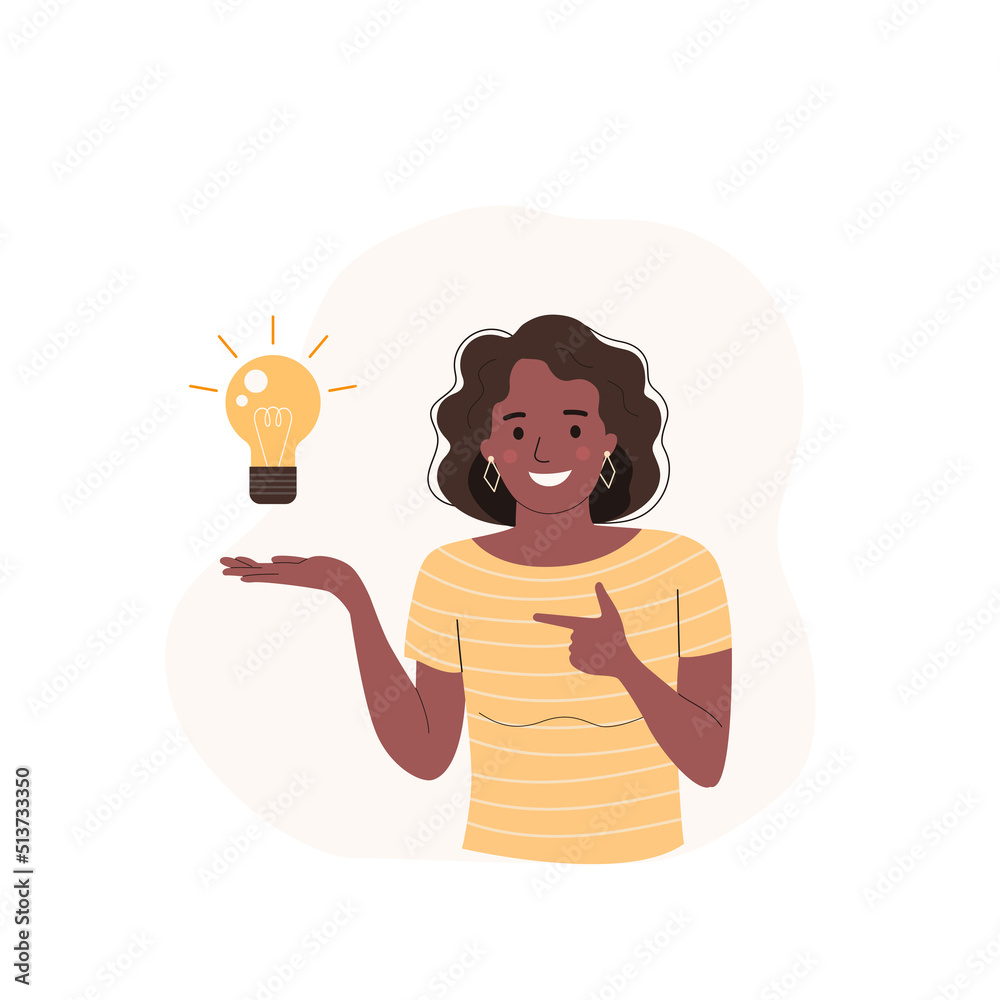 Young woman with dark hair and skin and finding new idea. Shiny light ...