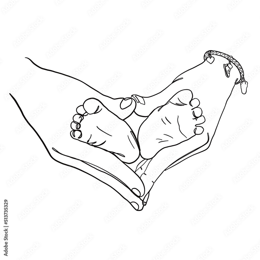 Oneline drawing of parents hands holding a baby legs. Lineart of woman ...