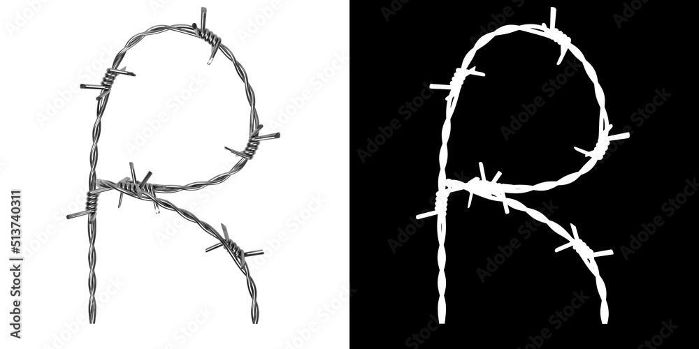 Letter R made of twisted metal barbed wire, isolated on white with ...