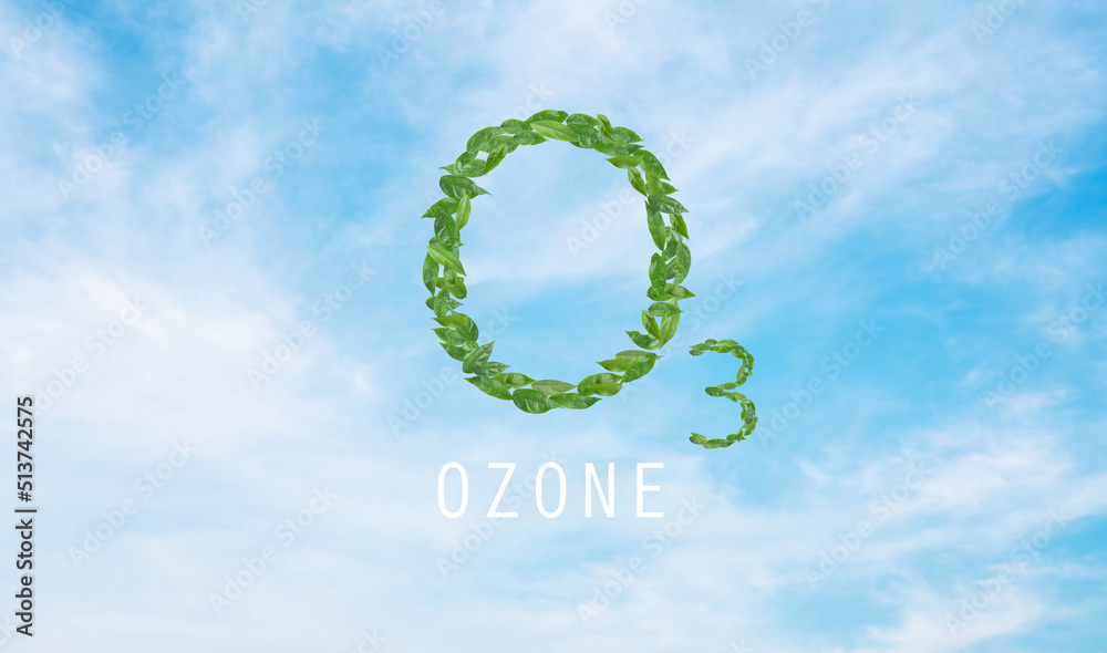 Ozone design with green leaves on blue sky background. Stock Photo ...