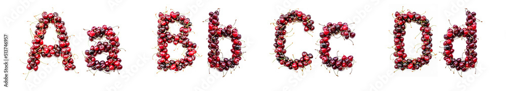 Cherry alphabet. Real berries in the form of letters, numbers and signs ...
