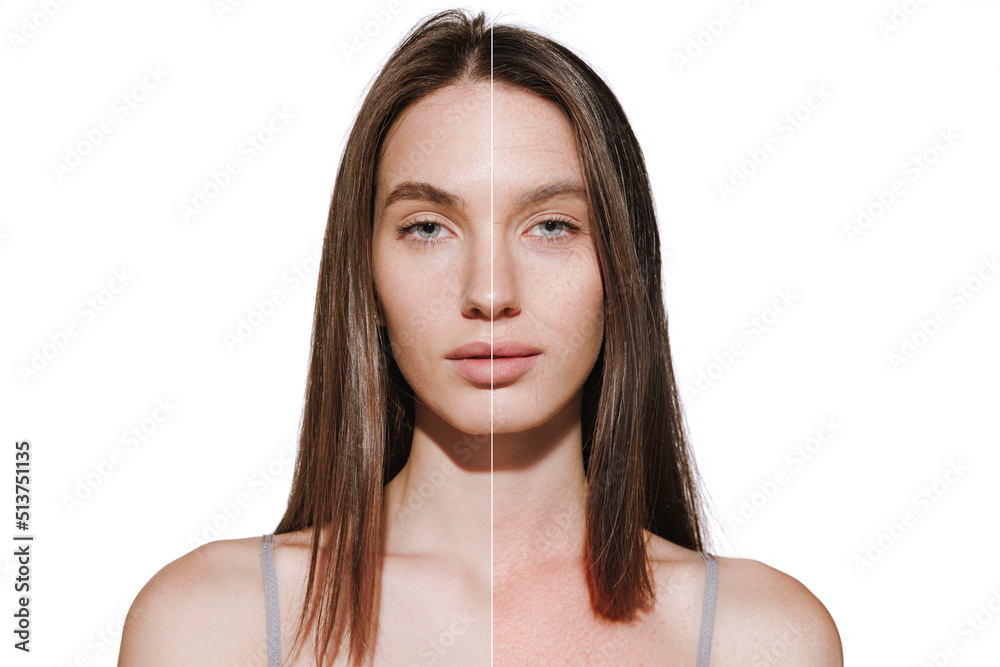 Comparative portrait of female face, young and aging process isolated ...