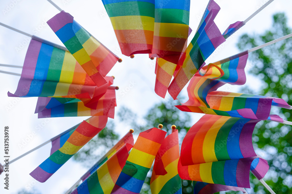 bottom view lgbtq rainbow flags from people's hands of lgbtq community ...