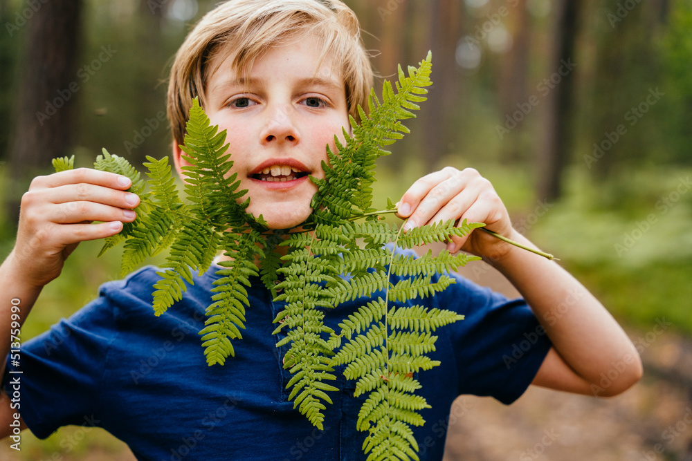 Preteen boy exploring summer forest, playing with wild ferns. Teaching ...