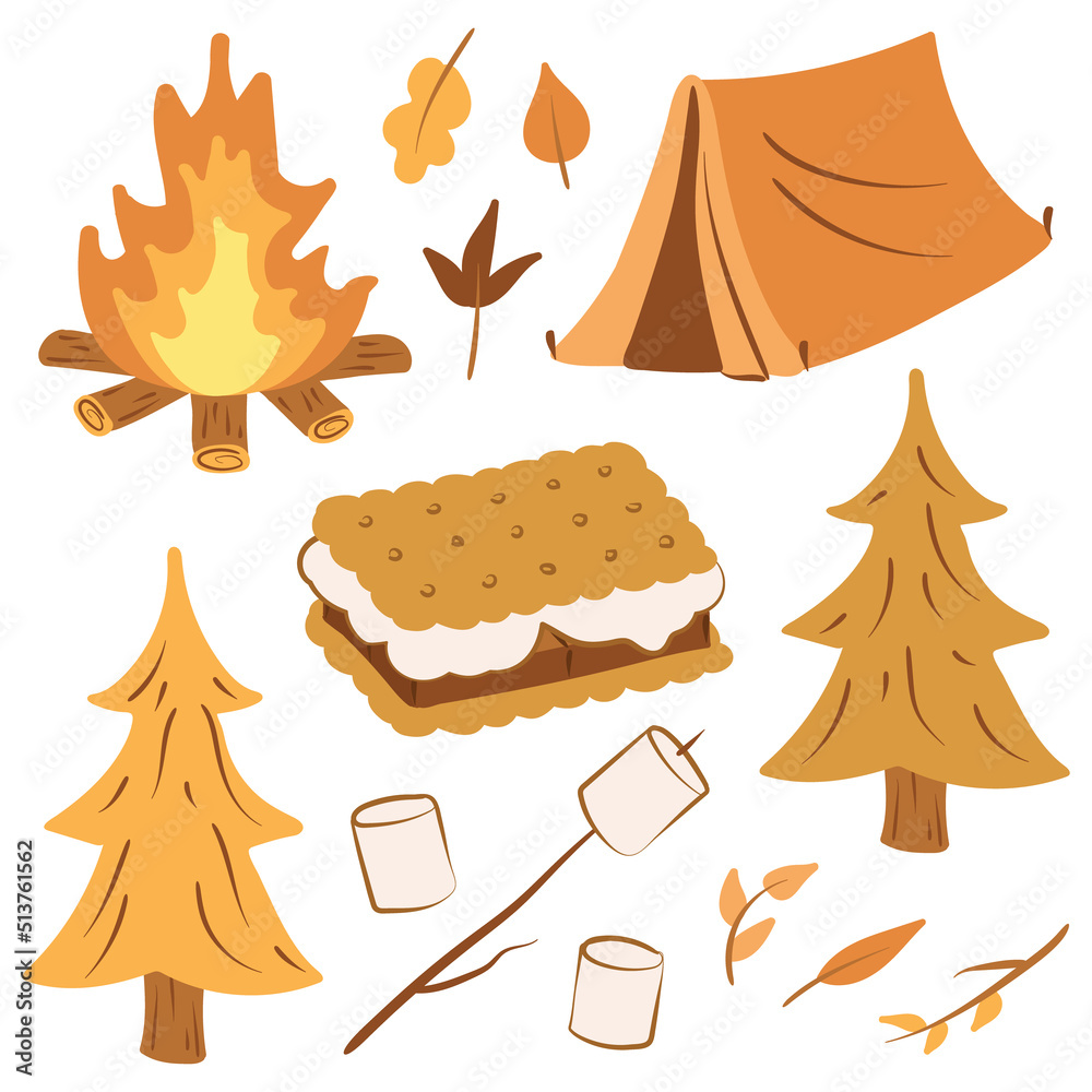 Cute camping doodle collection. Isolated vector graphic elements set. S ...