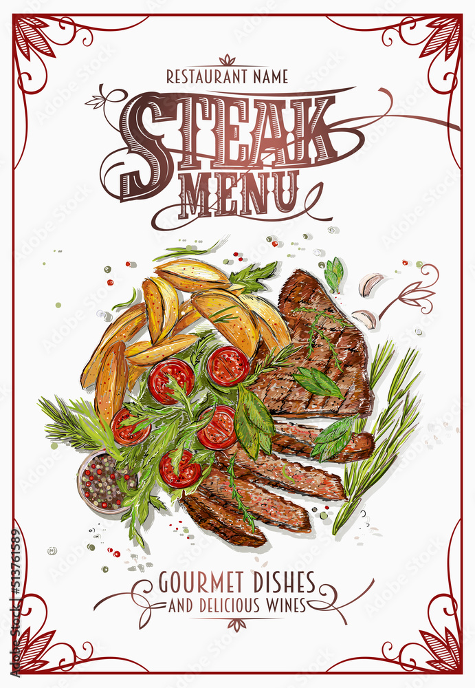Steak menu vector design template with hand drawn sketch style ...