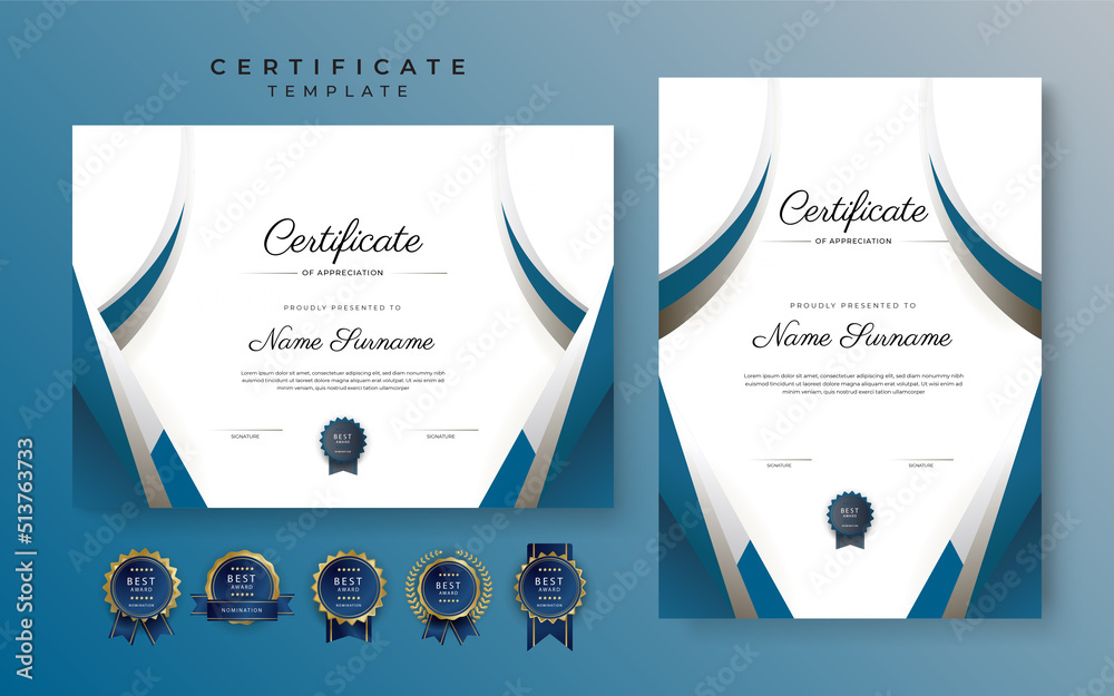 Modern elegant black and blue certificate of achievement template with ...