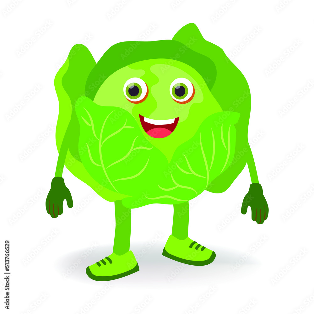 cabbage character with funny cartoon smiling. Semi-realistic cabbage ...