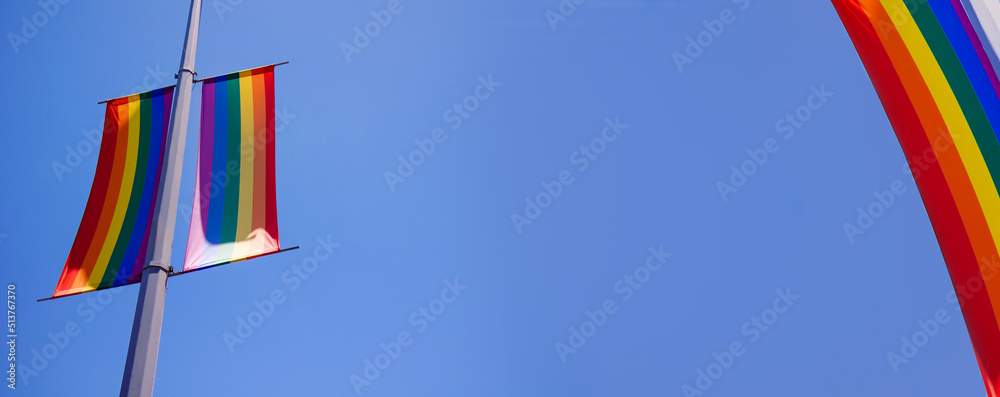 Banner with waving lgbt+ flag. Copy space for text. Summer holiday is ...