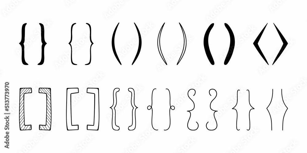 Hand drawn bracket. Brackets icons set. Curly braces, square and corner ...