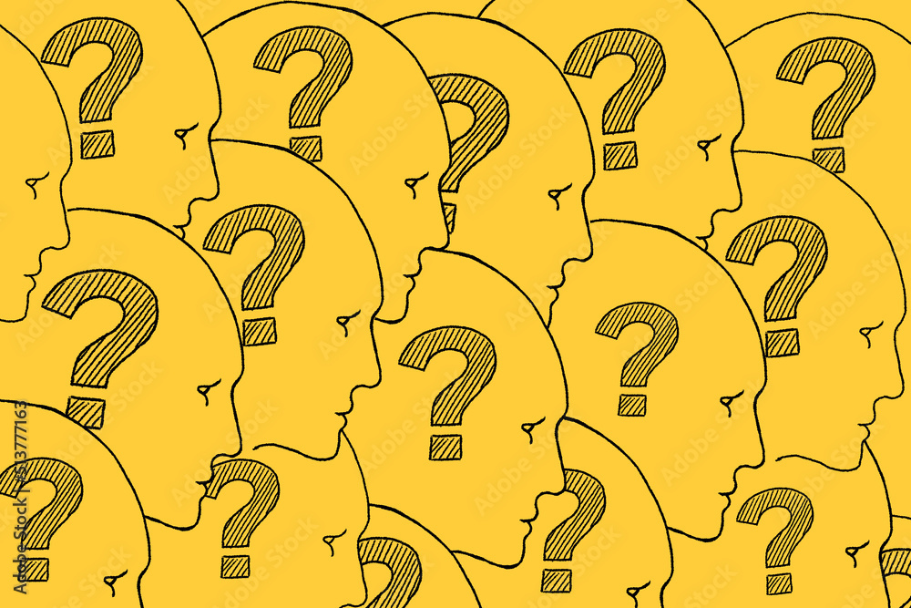 Human faces with question marks inside. Illustration on yellow ...