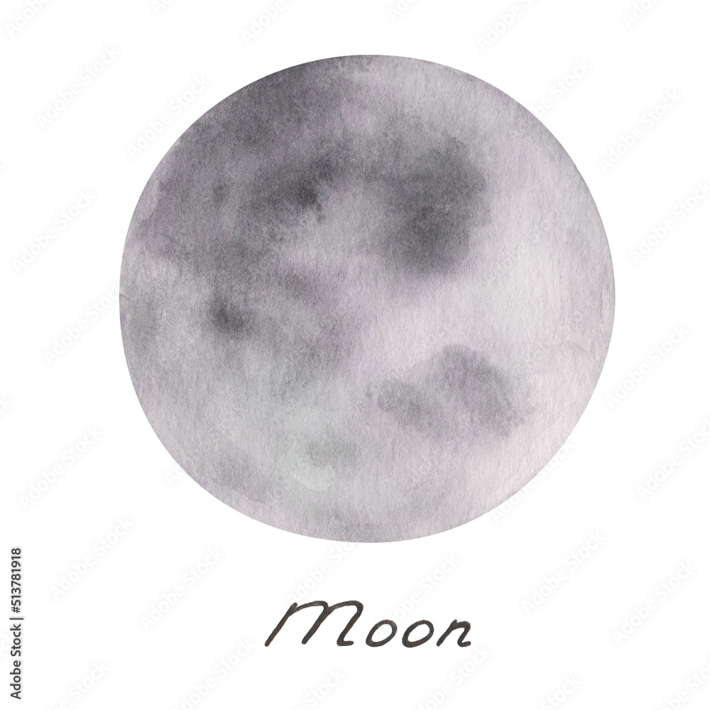 Watercolor illustration of hand painted grey Moon satellite of Earth ...