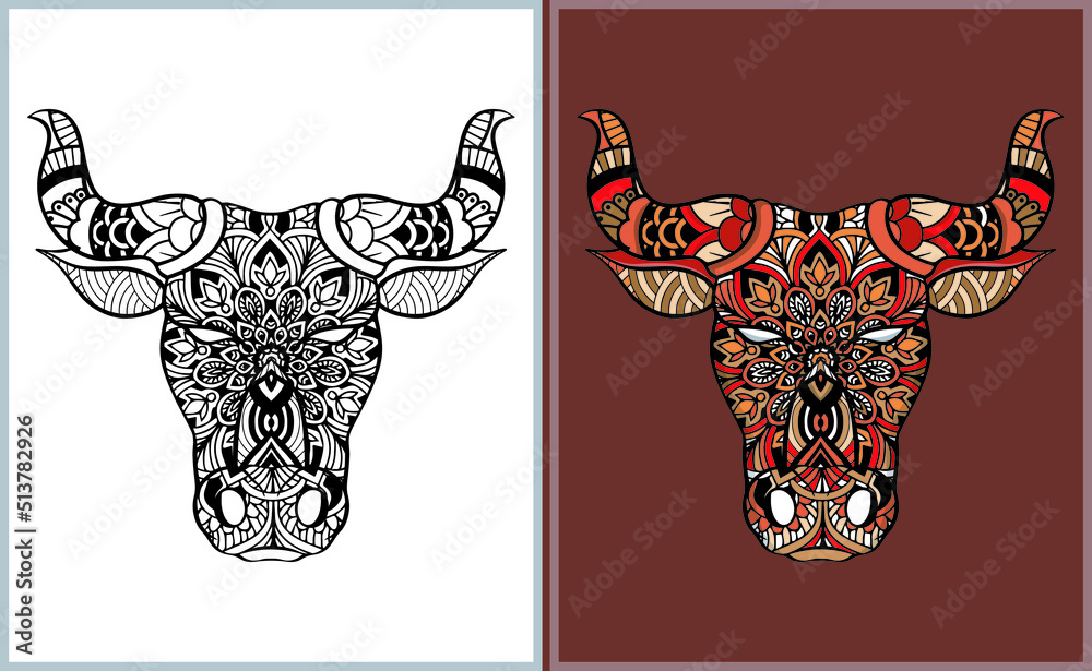 Colorful Bull head doodle arts. Bull coloring page Stock Vector | Adobe ...