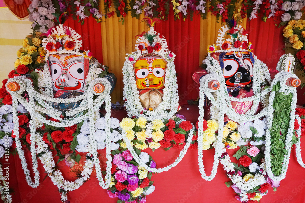 Idols of God Jagannath, Balaram and Goddess Suvadra. Lord Jagannath is ...