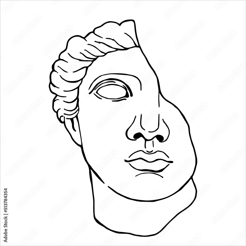 Line drawings of heads of antique statues of goddess and mythical god ...