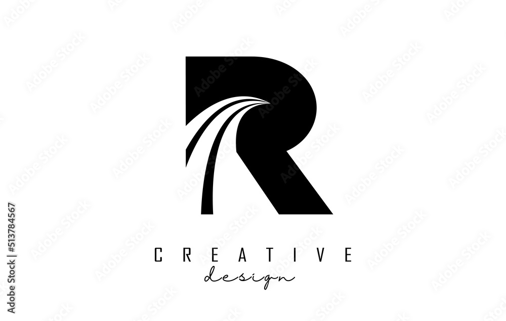 Black letter R logo with leading lines and road concept design. Letter ...