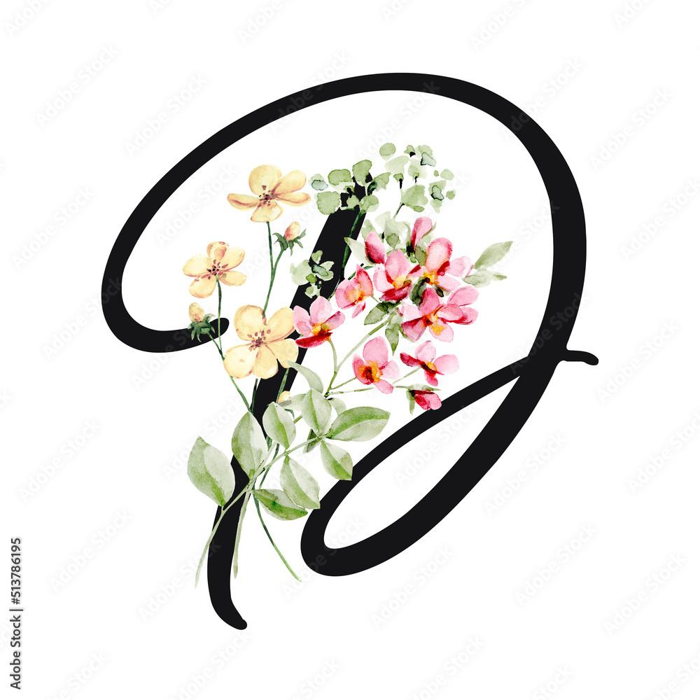 Floral alphabet, letter D with watercolor flowers and leaf. Monogram ...