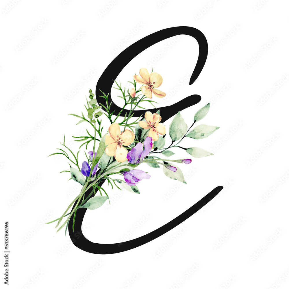 Floral alphabet, letter E with watercolor flowers and leaf. Monogram ...