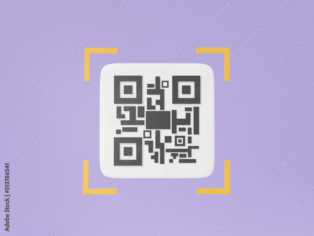 Minimal cartoon QR code scanning icon on purple background. pay money ...