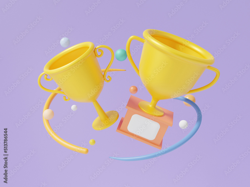 Two minimal trophy cup icon floating purple background. cute smooth ...