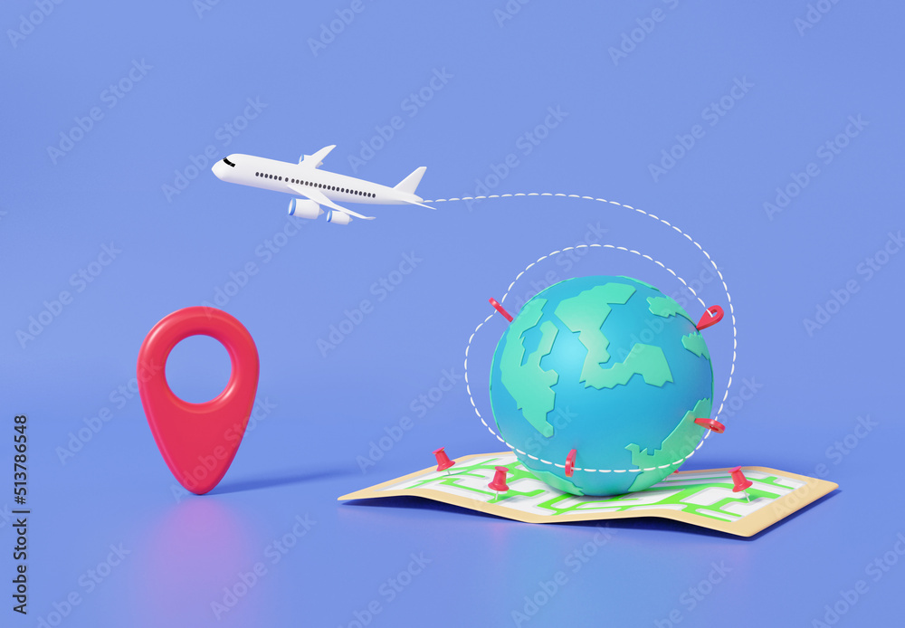 Tourism airplane trip planning worldwide tour with mark map pin earth ...