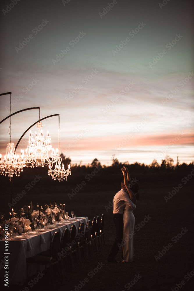 A couple in love at a wedding banquet kisses in a field against the ...