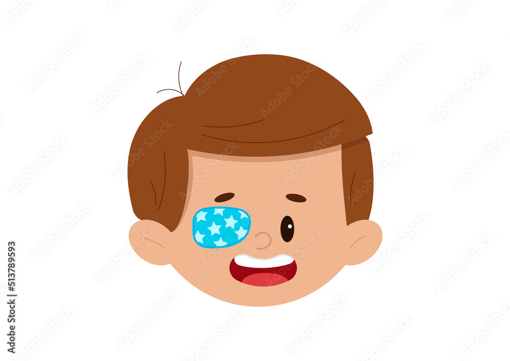 Amblyopia eye patch on boy face isolated on white background. Cute ...