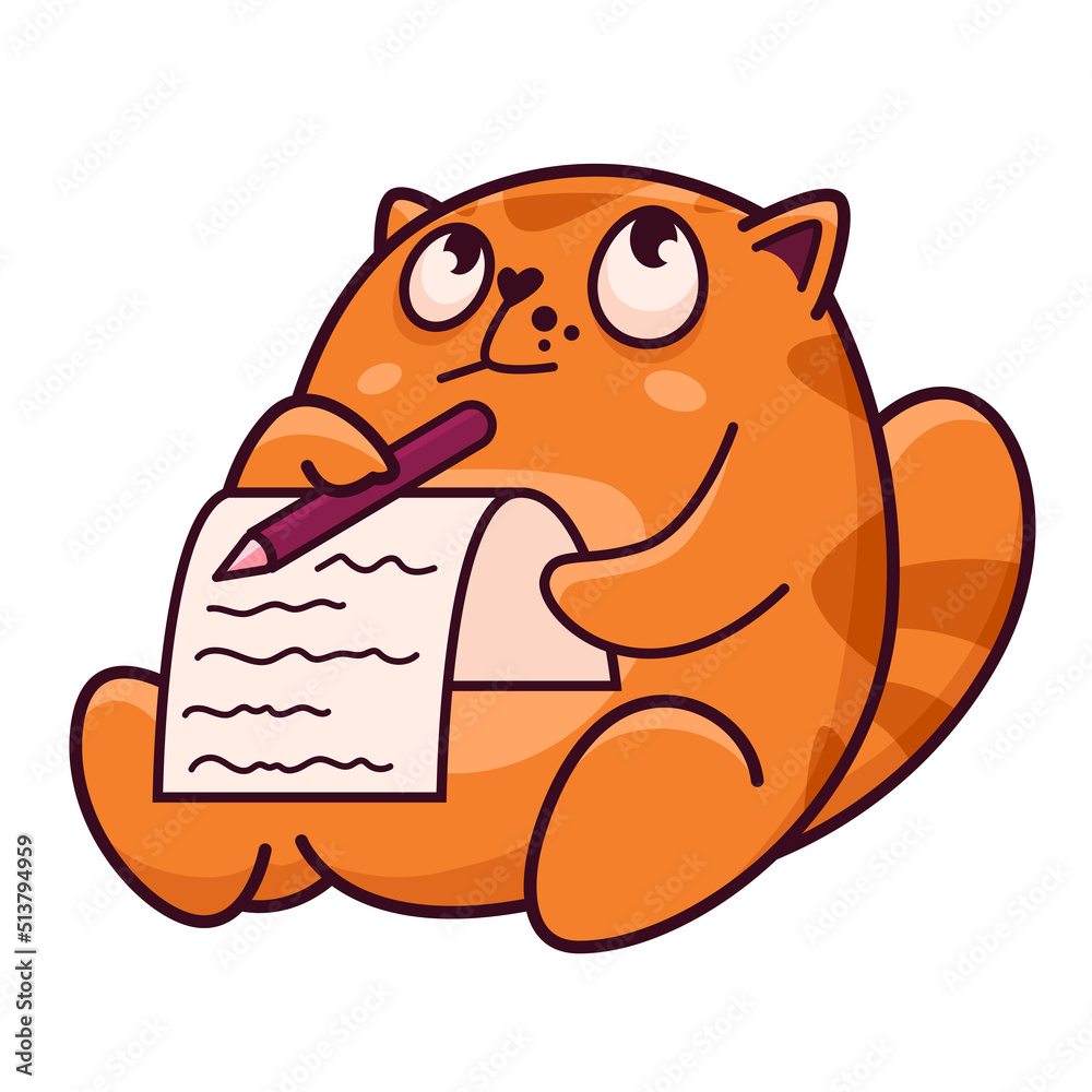 Cute red cat writes a letter. Shows emotion, idea, thought, think. Cat ...