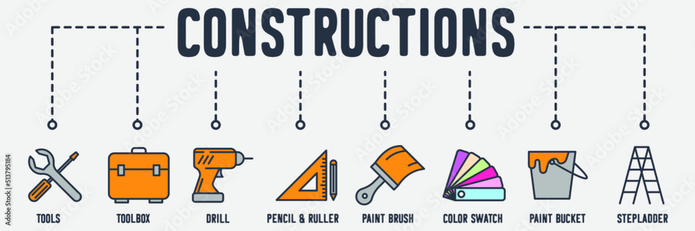 Construction banner web icon. tools, tool box, drill, pencil ruler ...