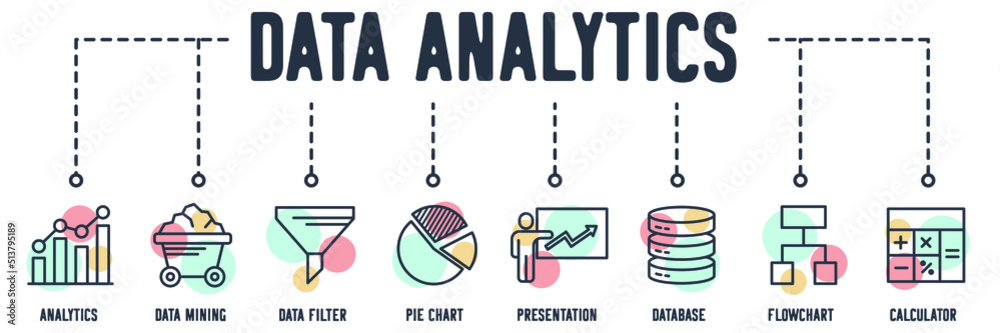 Data Analysis banner web icon. analytics, data mining, data filter, pie ...