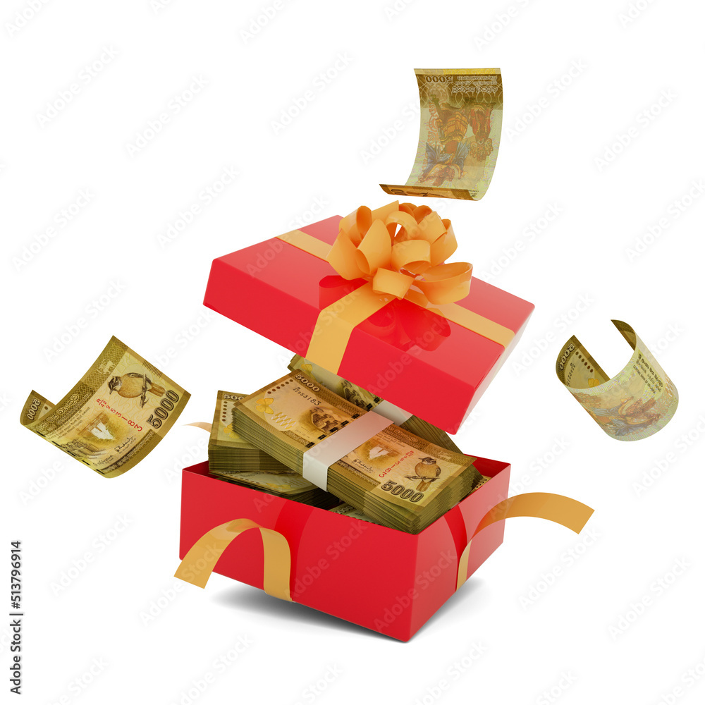 5000 Sri Lankan rupee notes inside an open red gift box. Sri Lankan ...