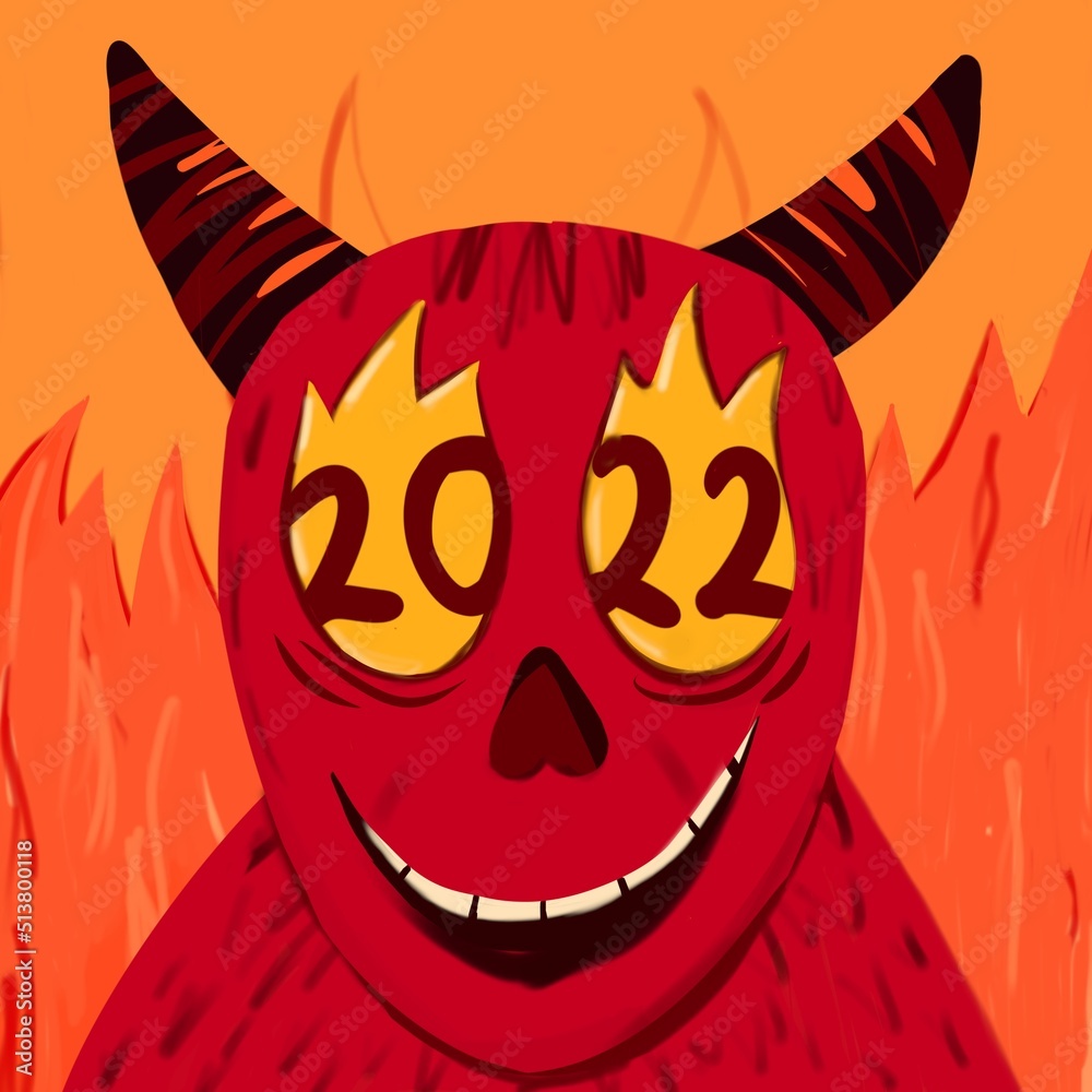 Art of 2022 go to hell concept. Illustration of devil with eyes on fire ...