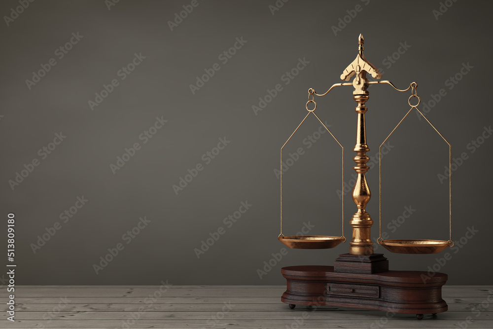 Old Justice Golden Weigh Scales Balance with the Two Arms. 3d Rendering ...