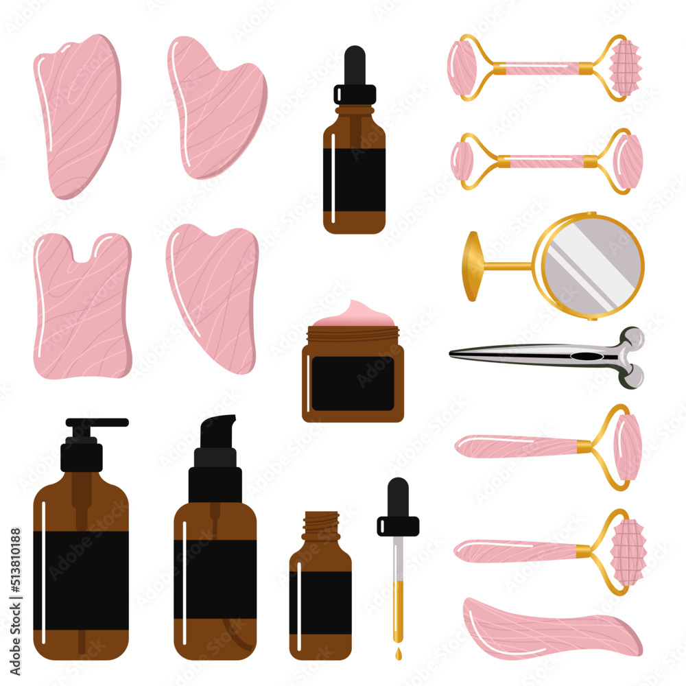 Big set of different gua sha stones and rollers are made of quartz ...