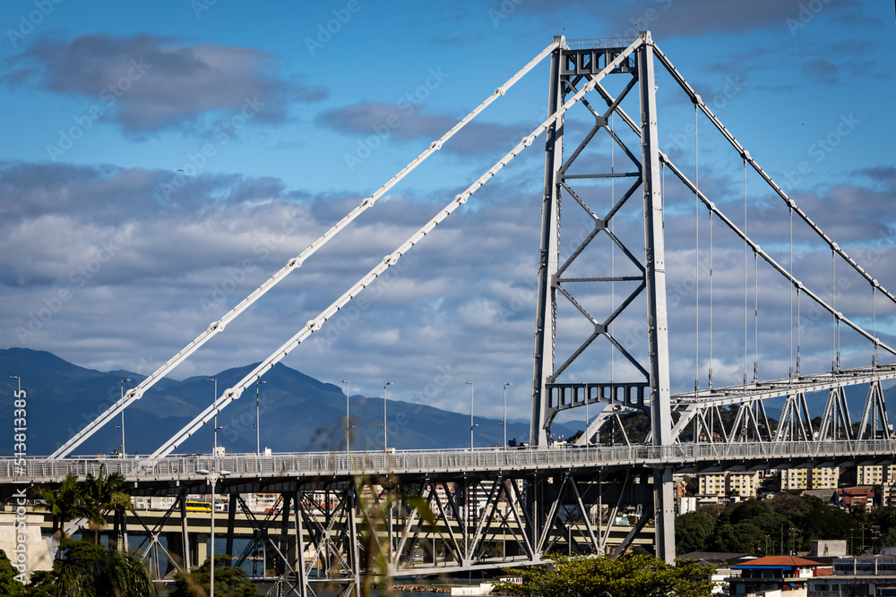 Sunny day view of the Hercilio Luz suspension bridge. The longest ...