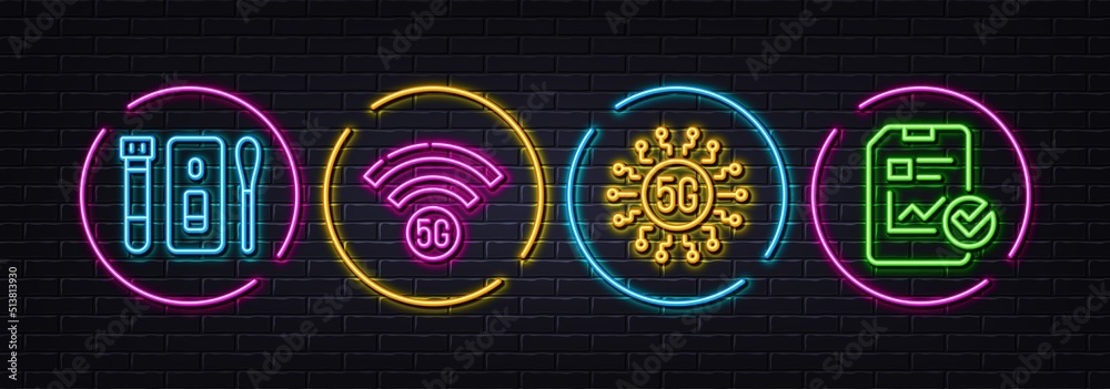 5g technology, 5g wifi and Covid test minimal line icons. Neon laser 3d ...