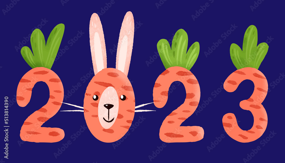 The numbers 2023 are made of carrots in cartoon style. Hare is symbol ...