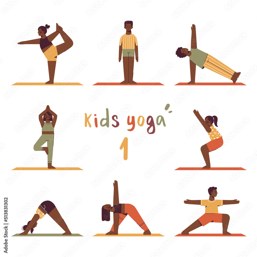 Kids yoga set. Gymnastics for children and healthy lifestyle. Cartoon ...