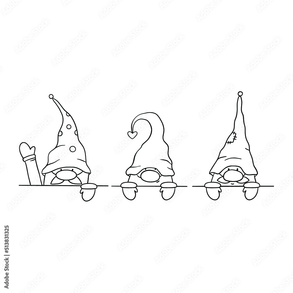 Peeking gnomes outline illustrations. Christmas tomte drawing for print ...
