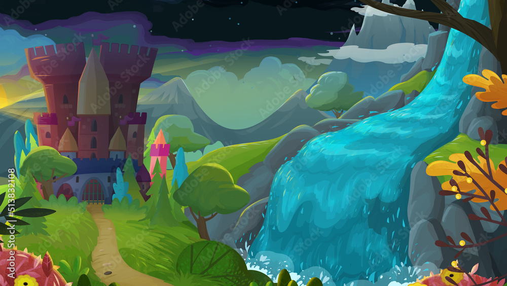 Cartoon scene beautiful castle in the forest illustration Stock ...