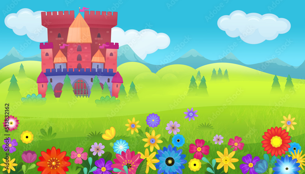 Cartoon scene beautiful castle in the forest illustration Stock ...