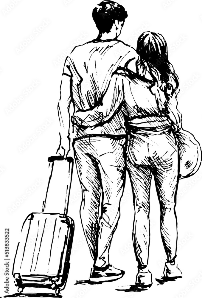 Poster Hand sketch of a tourist couple. Vector illustration. – Wall Art ...