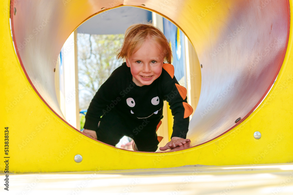 Cute funny blond little young toddler kid child boy crawling climbing ...