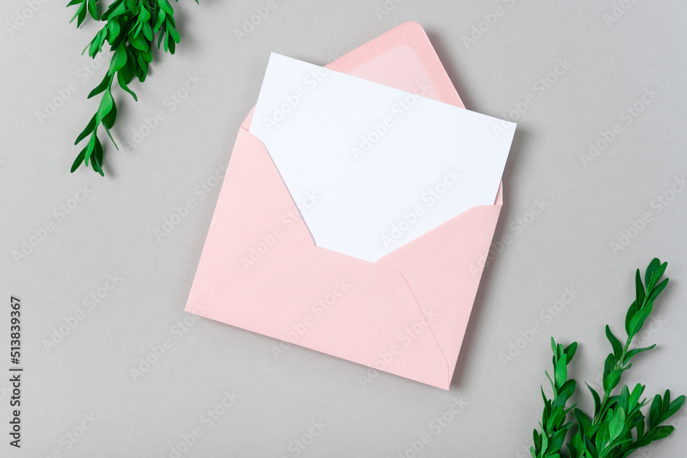 Real photo. Pink envelope square invitation white greeting card mockup ...