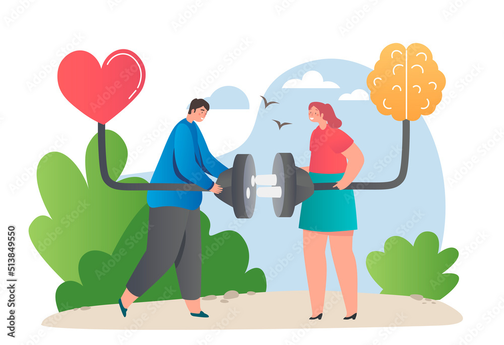 Find balance concept. Man and woman connect brain and heart ...